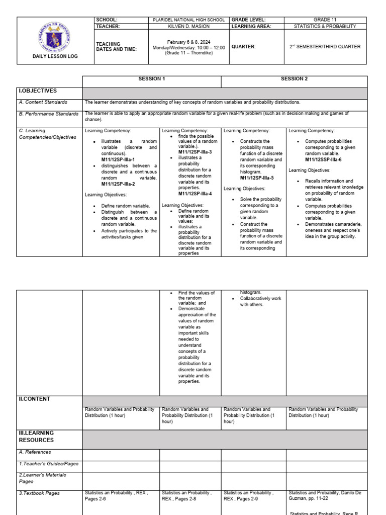 Stat&probab Q3 Week 1 DLL | PDF | Probability Distribution | Random ...