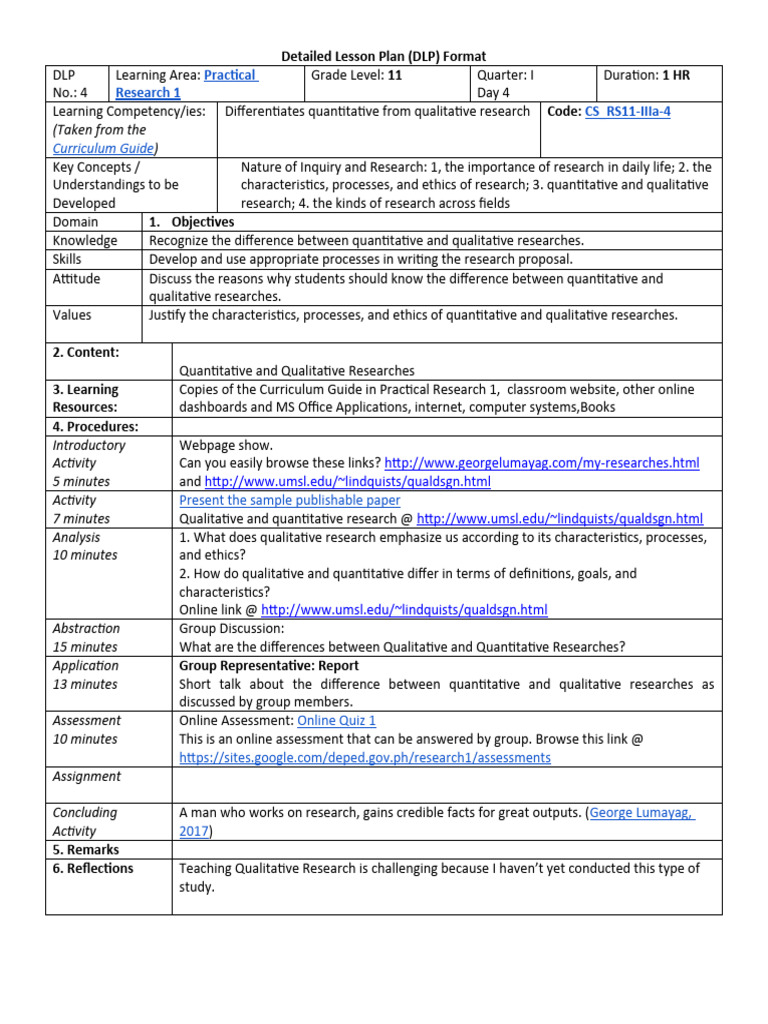Detailed Lesson Plan | PDF | Qualitative Research | Quantitative Research