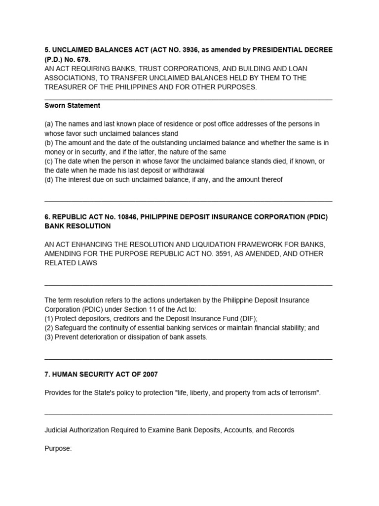 Unclaimed Balances Act (Act No. 3936, As Amended by Presidential Decree ...