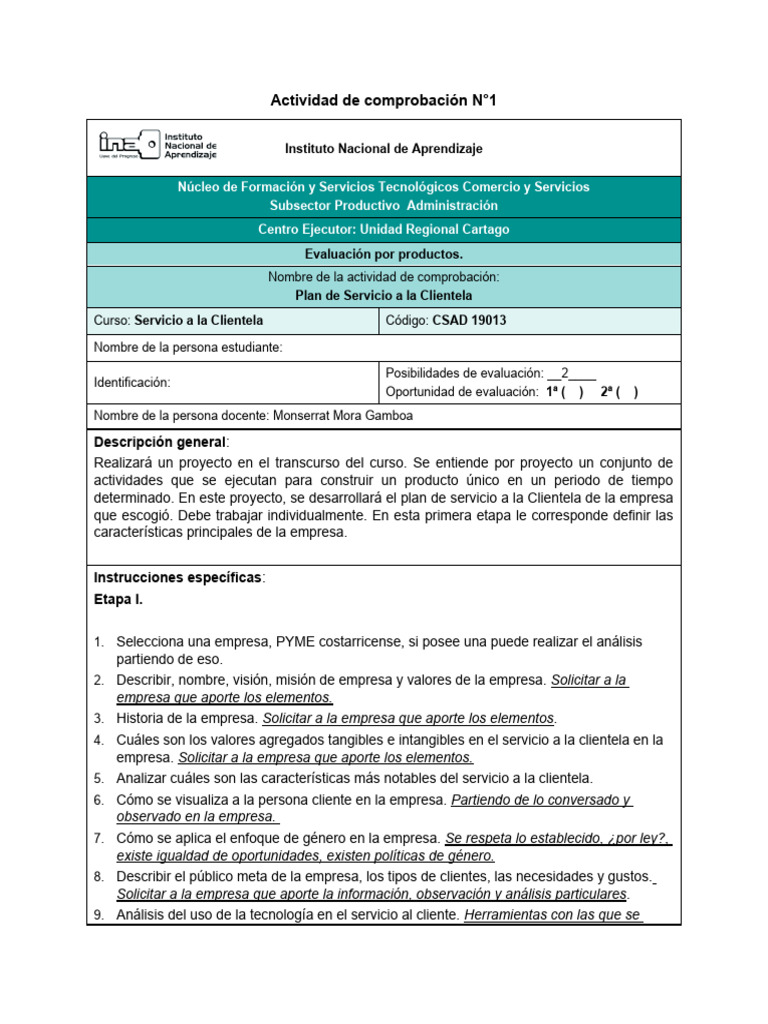 Actividad de Comprobación No. 1 Plan de Servicio a La Clientela I y II Etapa-1 | PDF | Business ...