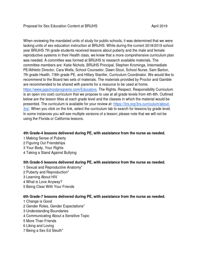 Sex Ed Curriculum Adopted April 2019 Pdf Sex Education Gender