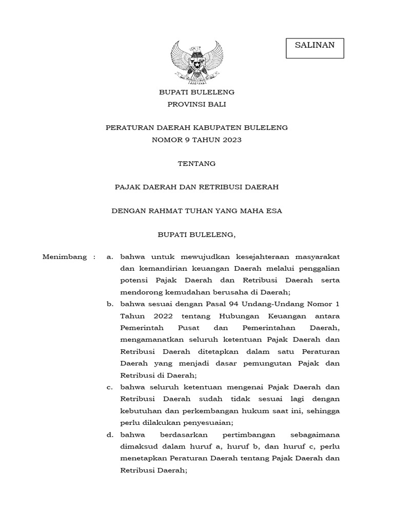 Salinan Perda No 9 Tahun 2023 Tentang Pajak Daerah Dan Retribusi Daerah ...