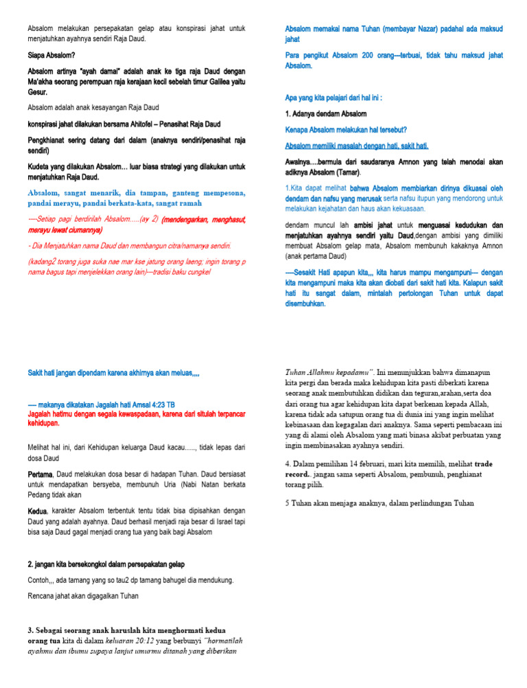 Absalom Melakukan Persepakatan Gelap Atau Konspirasi Jahat Untuk Menjatuhkan Ayahnya Sendiri ...
