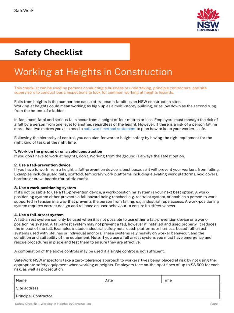 Working at Heights Safety Checklist | PDF | Scaffolding | Occupational ...