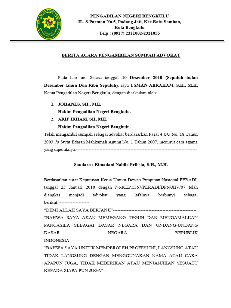 Berita Acara Pengambilan Sumpah Advokat (Penggugat) | PDF