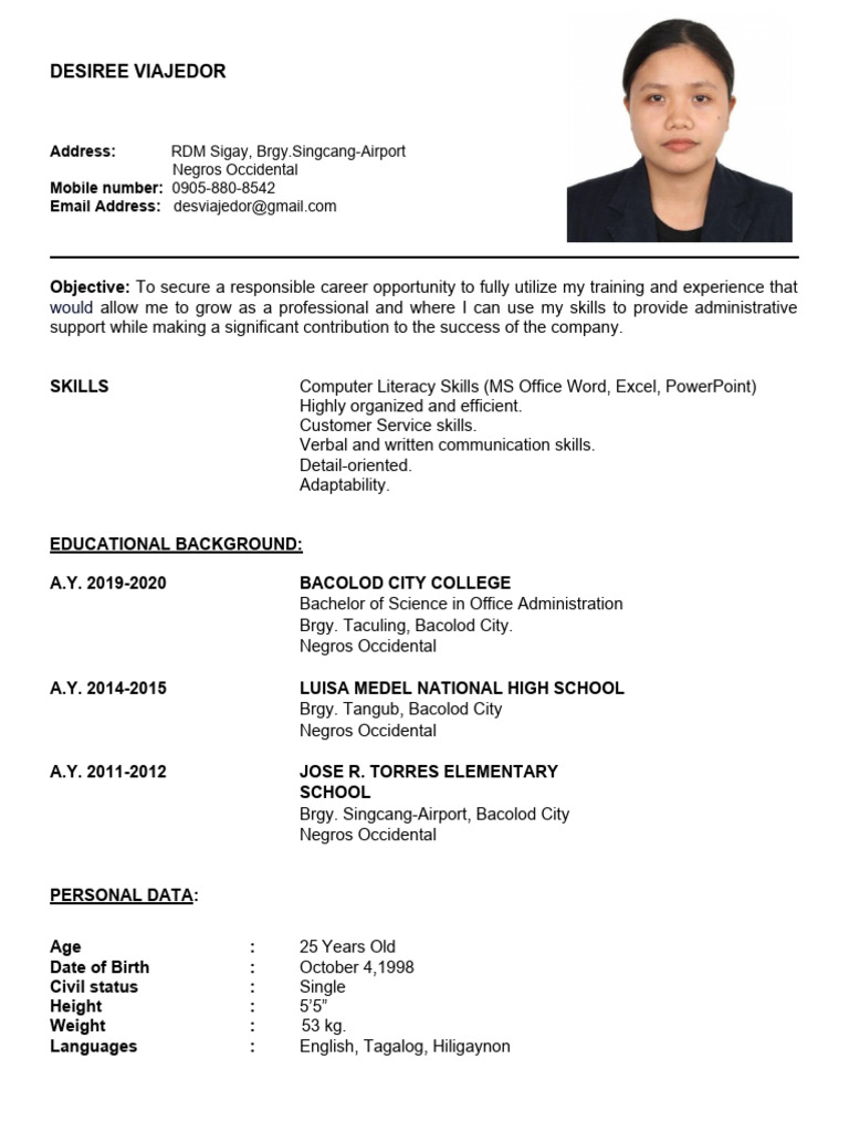 Desiree Viajedor: Administrative Resume | PDF | Computing | Communication