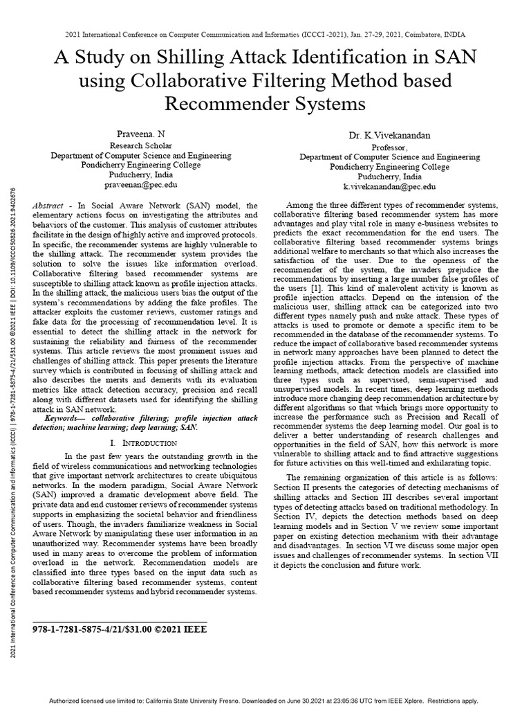A Study On Shilling Attack Identification in SAN Using Collaborative Filtering Method Based ...