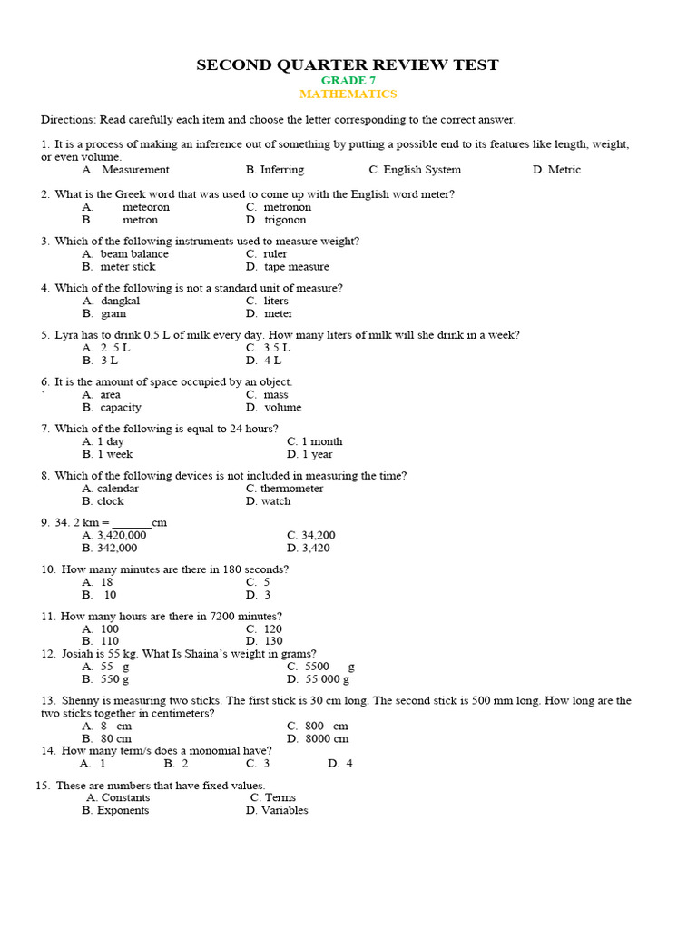 MATH 7 Second Quarter Review | PDF | Subtraction | Mathematics