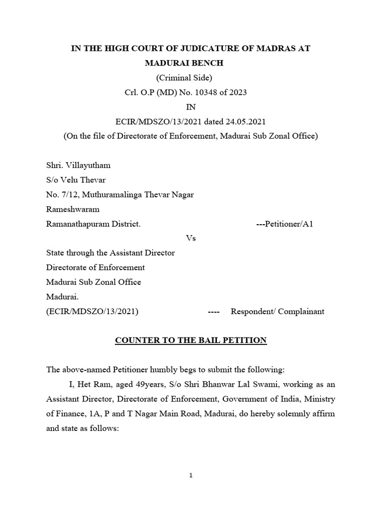 Madras HC Bail Petition Counter | PDF | Banks | Money Laundering