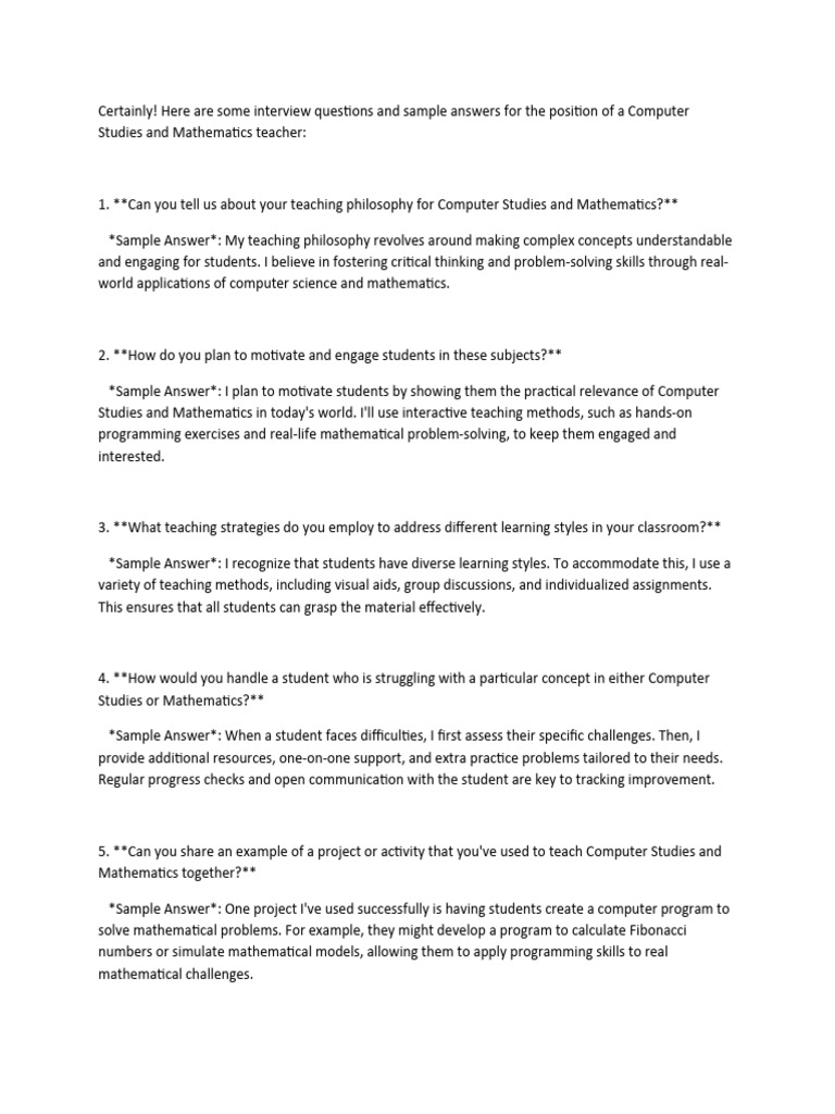 Computer Studies Interview Questions | PDF | Teaching Method | Learning