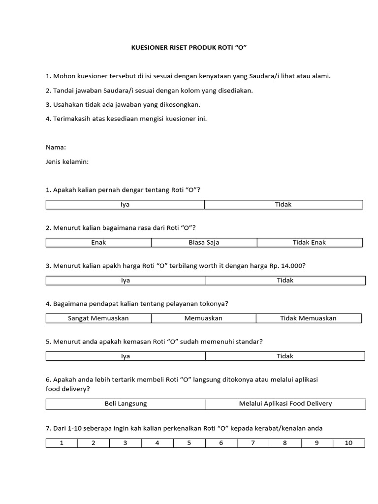 Kuesioner Riset Produk Roti "O" | PDF