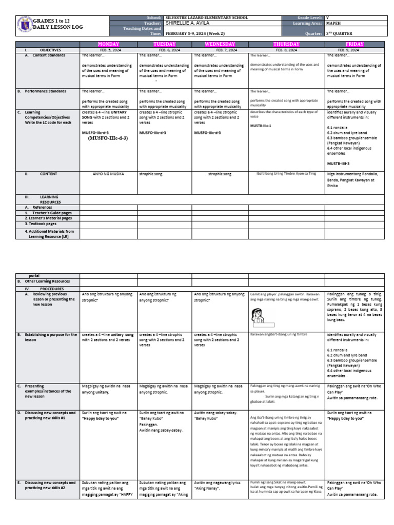 DLL_MAPEH 5_Q3_W2 2023-2024 | PDF | Differentiated Instruction | Learning
