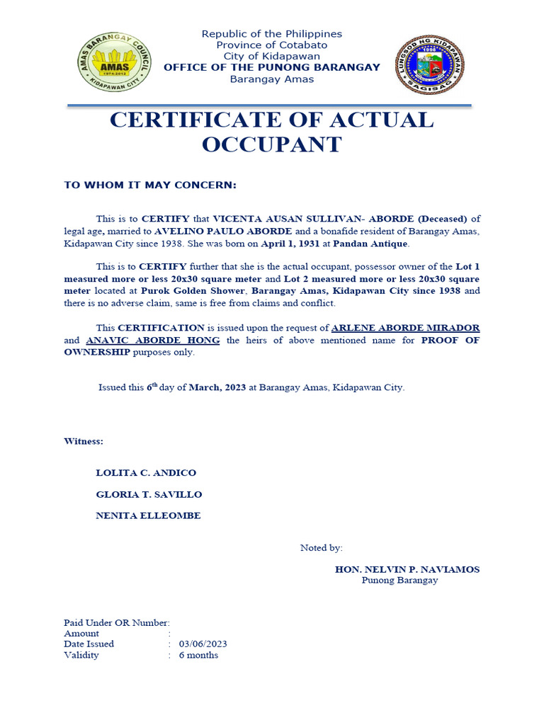 Certificate of Actual Occupant | PDF