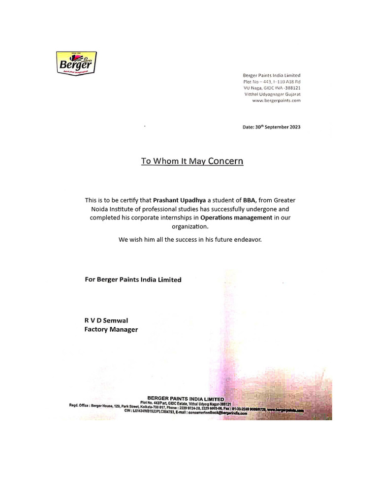 Berger Paint Certificate - Prashant Upadhya | PDF