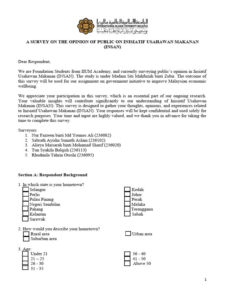 Questionnaire For INSAN | PDF | Entrepreneurship | Economies