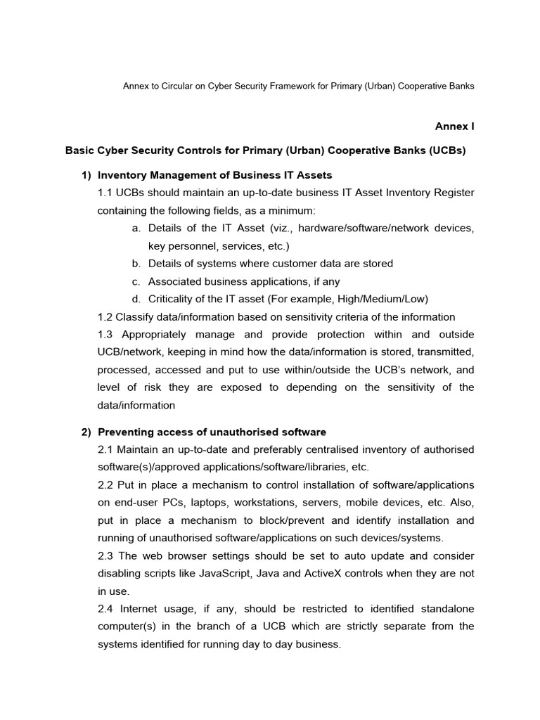 Annex To Circular On Cyber Security Framework For Primary (Urban) Cooperative Banks - I | PDF ...