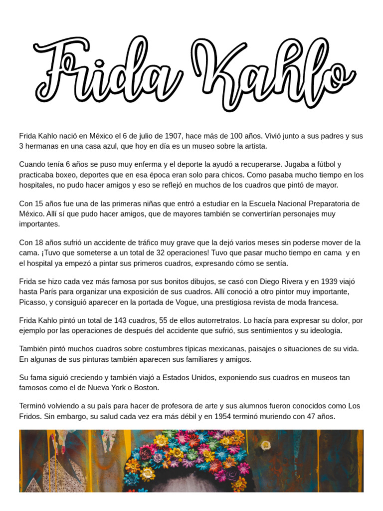 Biografía de Frida Kahlo: Vida y Arte | PDF