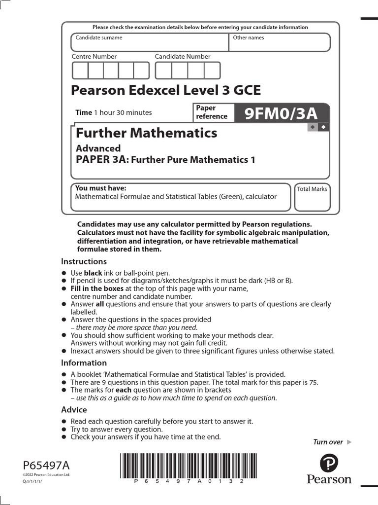 2206 9fm0 3a A Level Further Pure Mathematics 1 - June 2022 | PDF ...