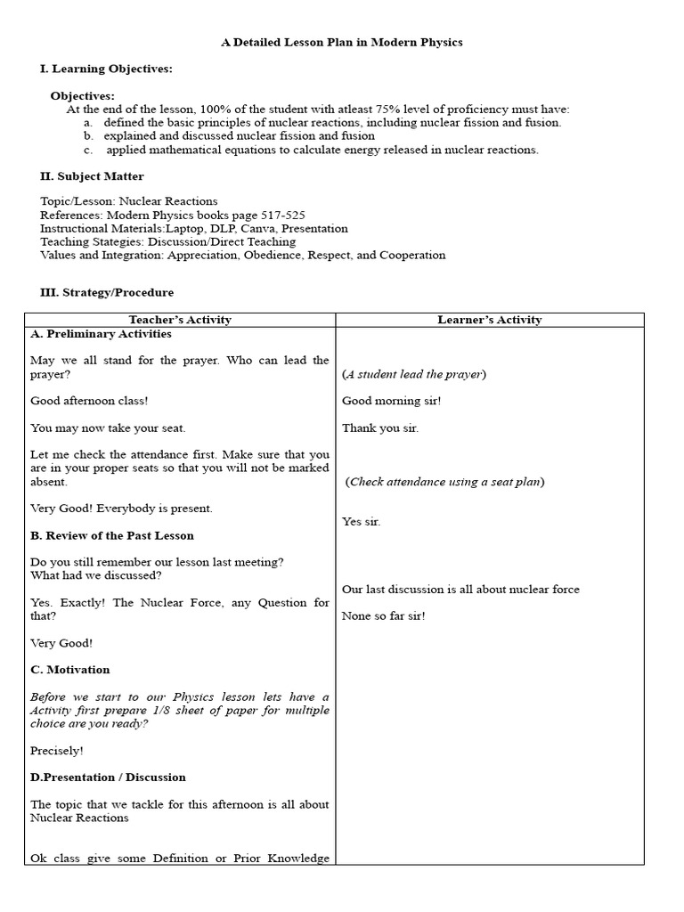 Lesson Plan in Modern Pgysics Nuclear Reaction - 080048 | PDF | Nuclear ...