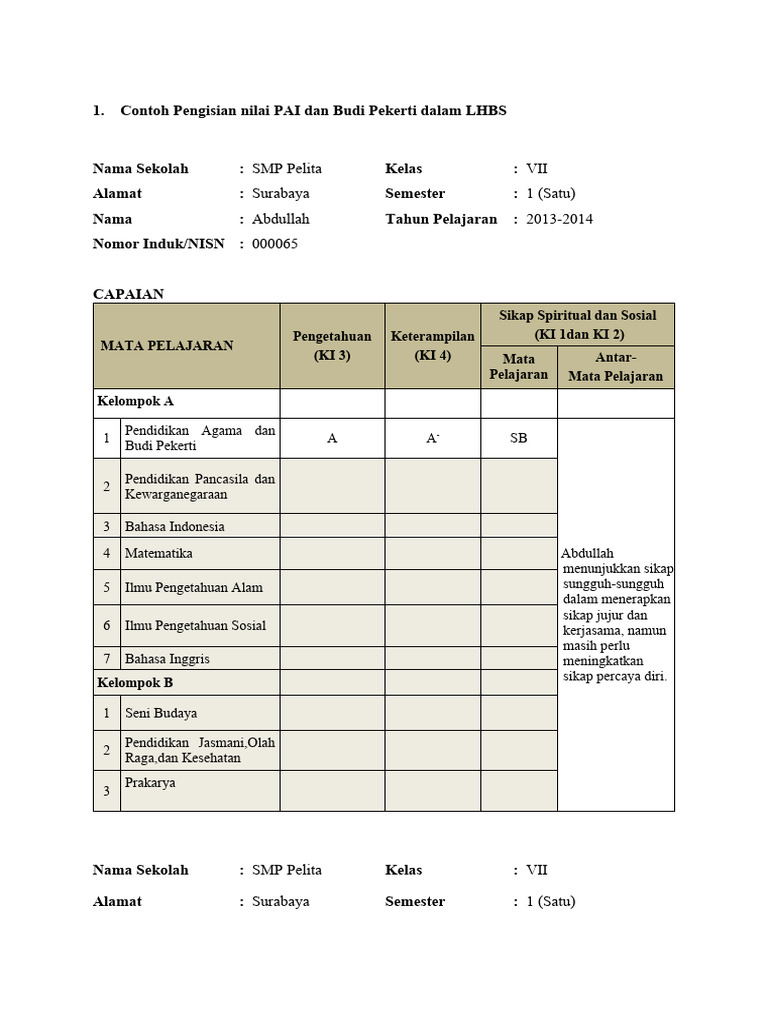 Contoh Pengisian Nilai PAI Dan Budi Pekerti Dalam LHBS | PDF