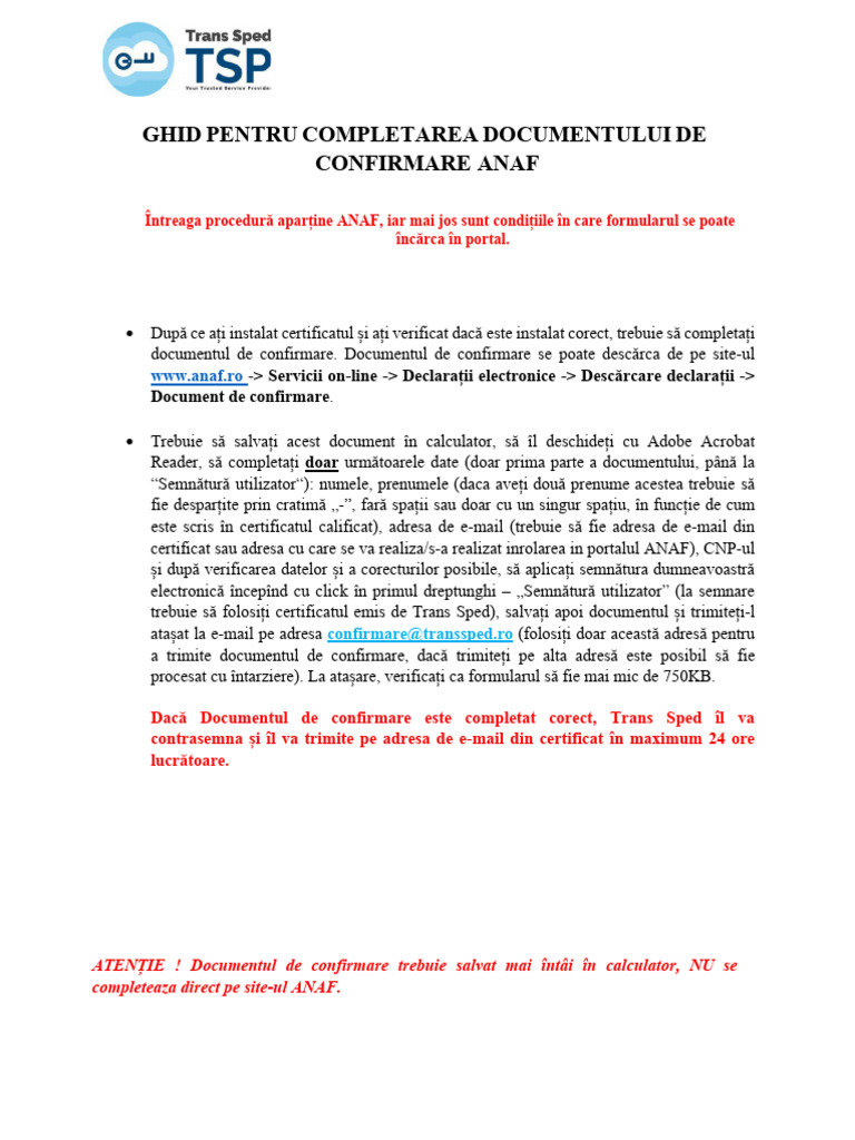 TS - Ghid Pentru Completarea Documentului de Confirmare ANAF | PDF