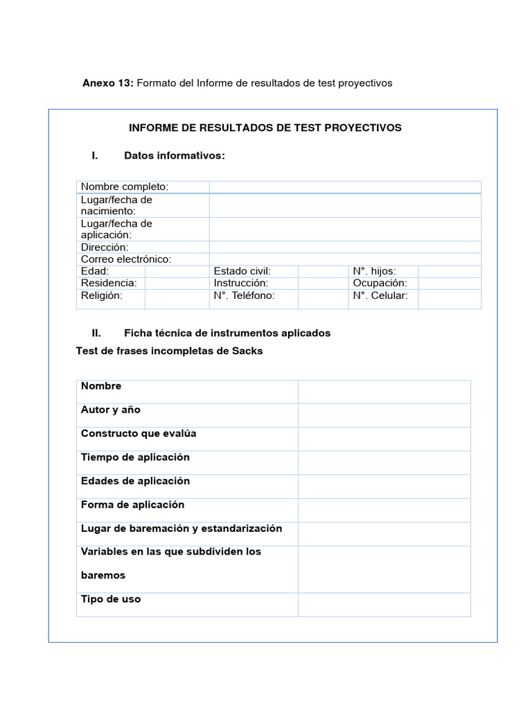 ANEXO 13. Formato del Informe de resultados de test proyectivos | PDF