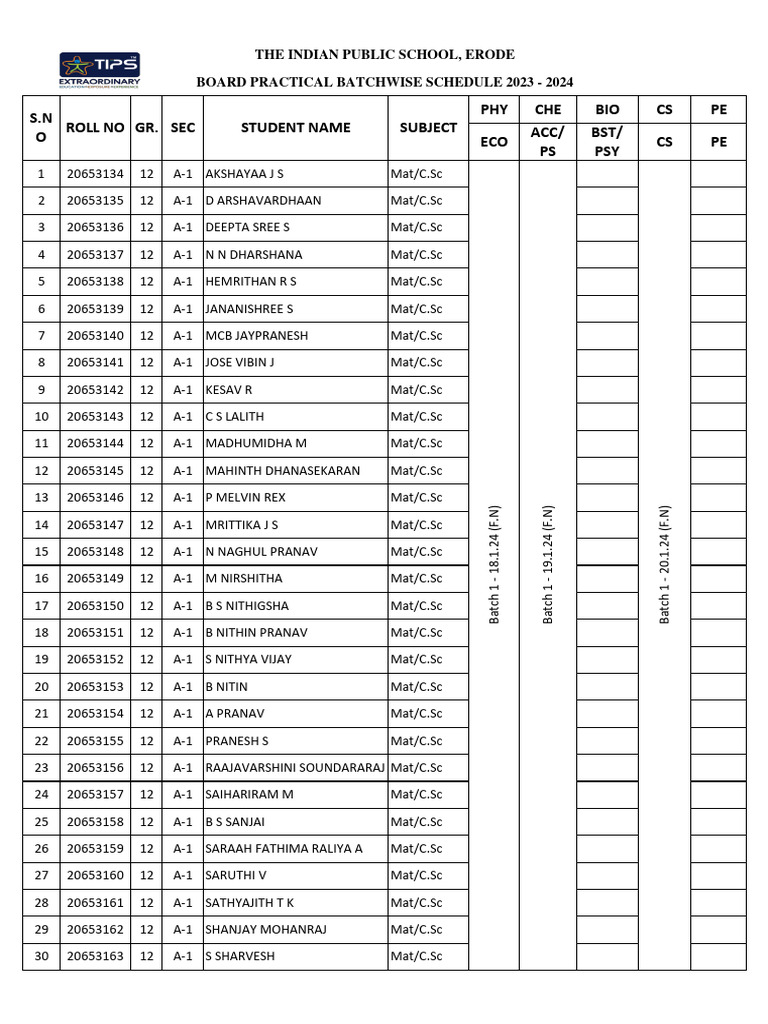 Board Prac Batchwise List | PDF