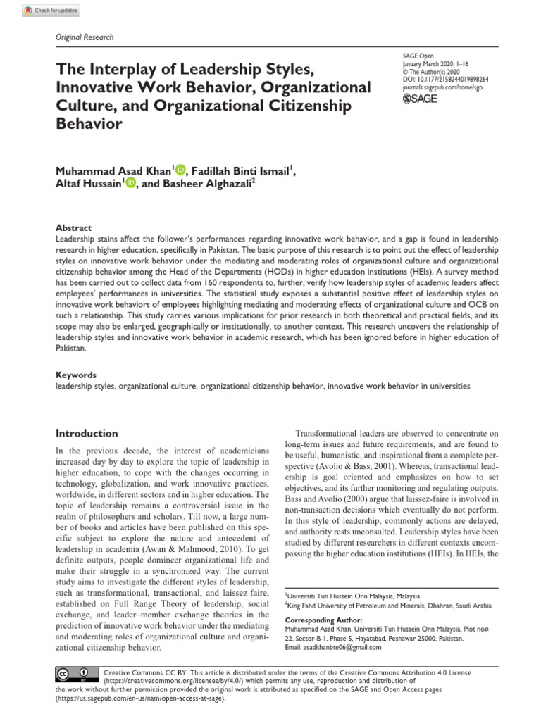Khan Et Al 2020 The Interplay of Leadership Styles Innovative Work Behavior Organizational ...