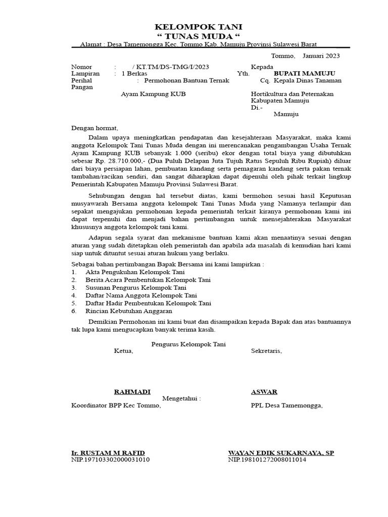 Lembar Surat Proposal Bantuan Ternak Ayam KUB | PDF