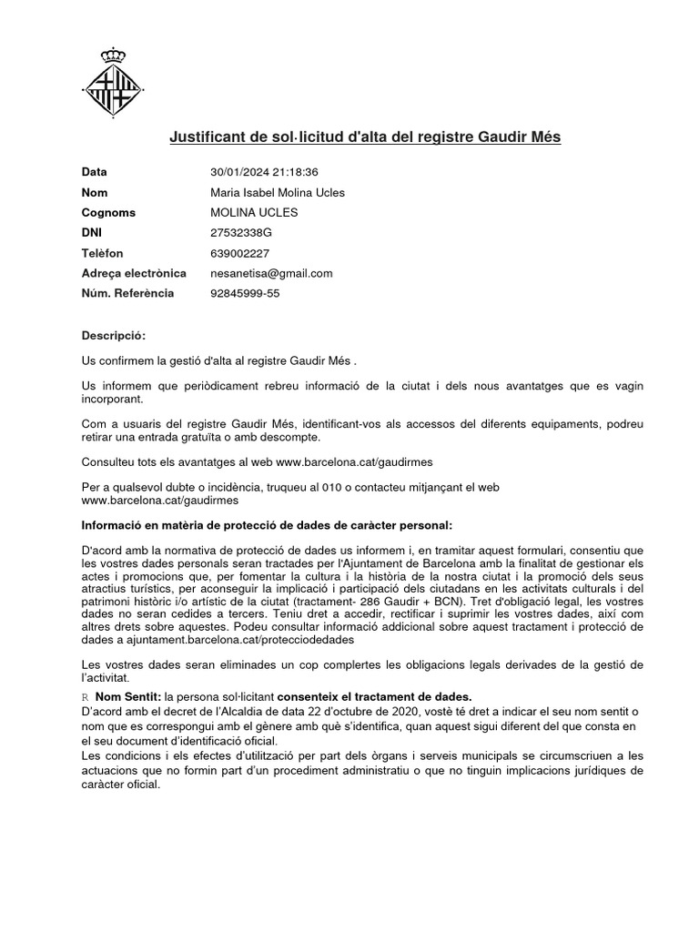 Justificant de Sol Licitud D'alta Del Registre Gaudir Més: Data Nom Cognoms DNI | PDF