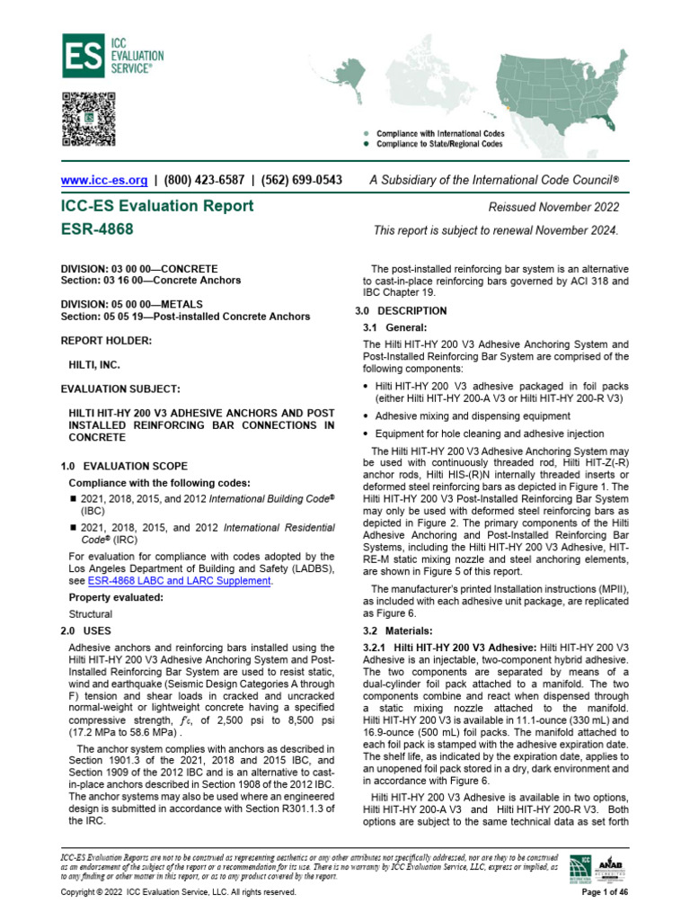 Hy200v3 Icc-Es Esr-4868 | PDF | Concrete | Materials