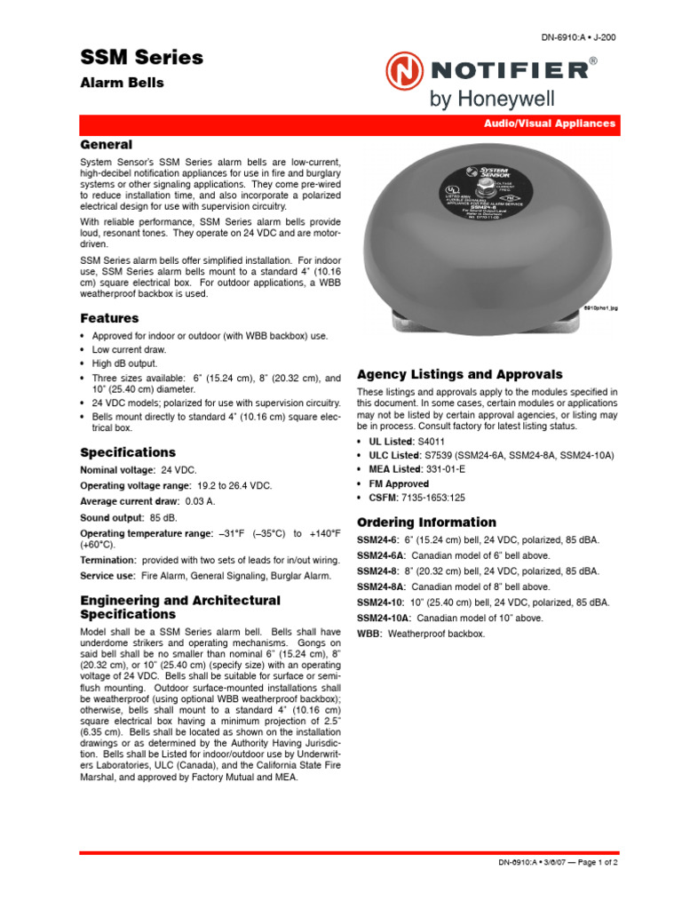 NOTIFIER Alarm Bell | PDF | Electrical Components | Equipment