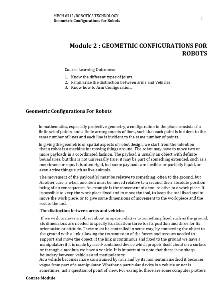 Week 2 - Geometric Configurations For Robots | PDF | Geometry | Robot