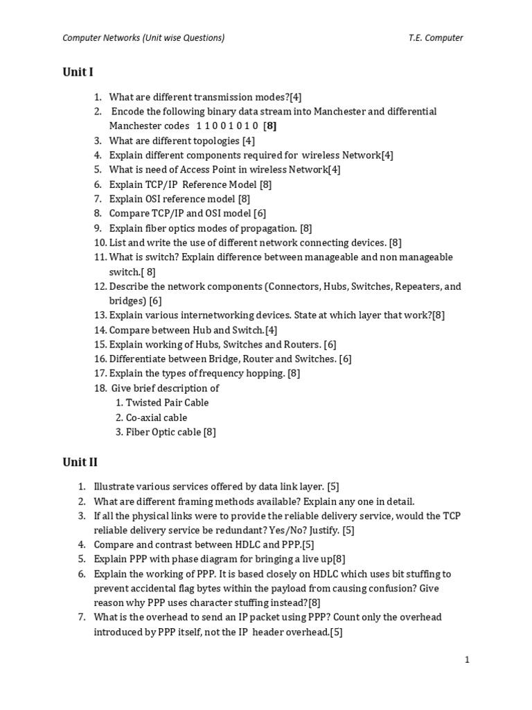 CN - All Unitwise Question Bank | PDF | Transmission Control Protocol | Network Switch