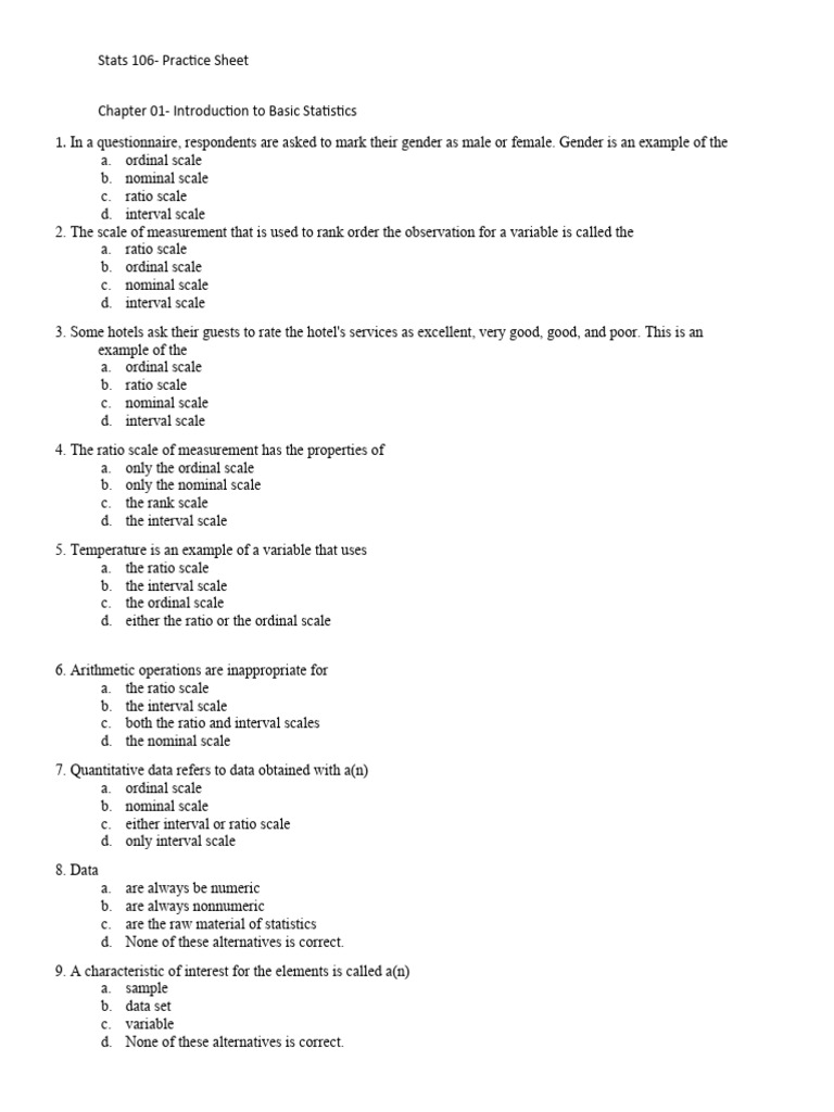 Chapter 01 - Practice Sheet - Questions | PDF | Level Of Measurement | Statistics