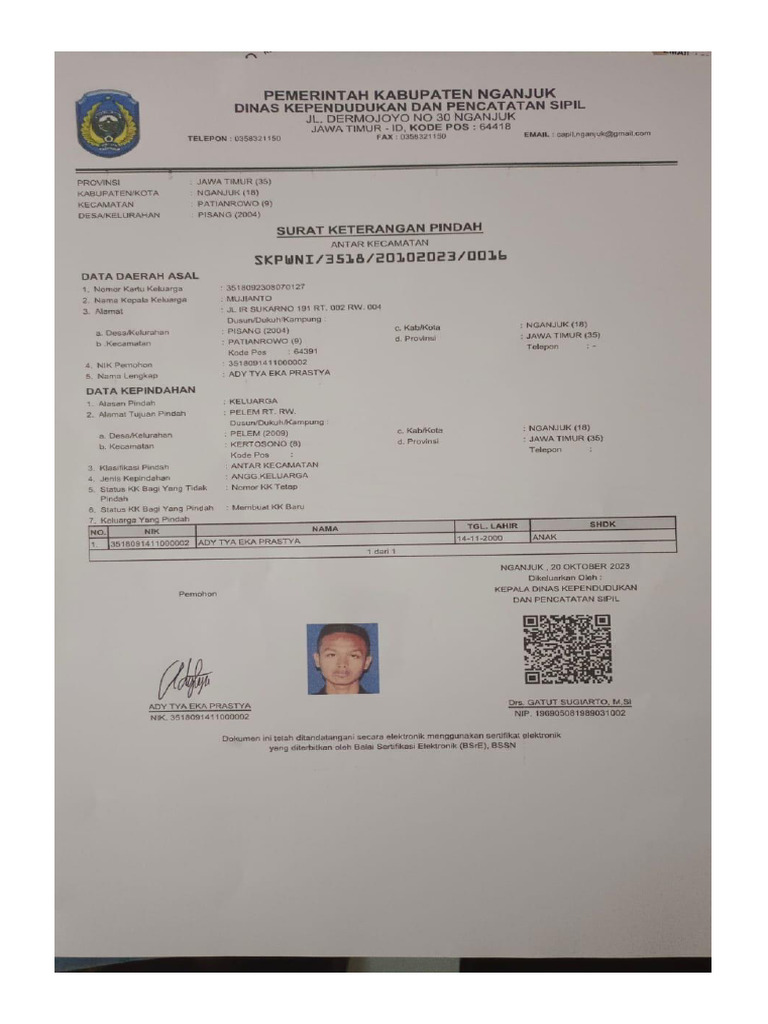 Pindah Domisili Masuk-Ady Tya-Tps 5-Pisang Patianrowo Ke Pelem | PDF