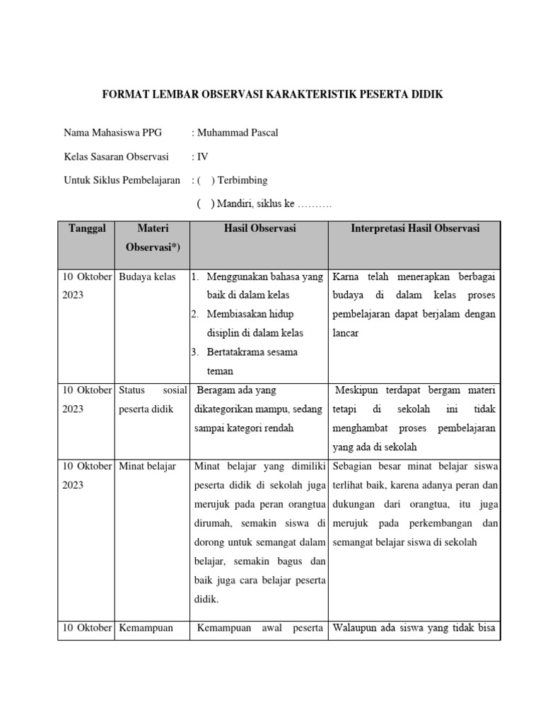 LK 2b Contoh Format Lembar Observasi Karakteristik Peserta Didik-1 | PDF