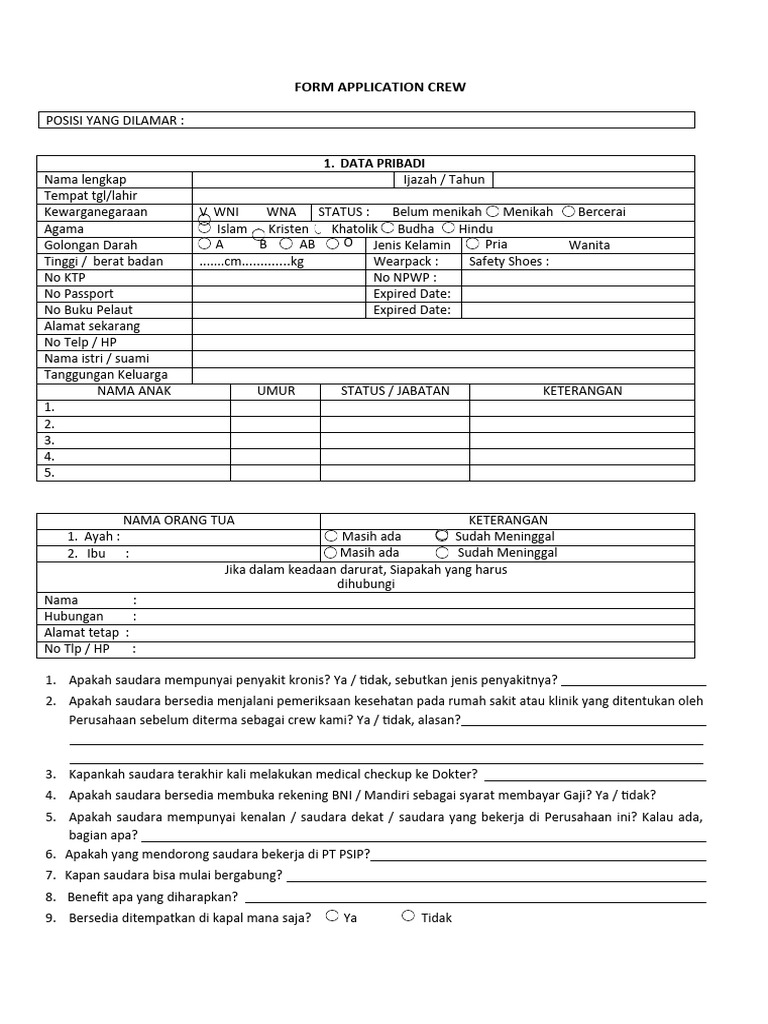 Form Applicaton Crew (TC) | PDF
