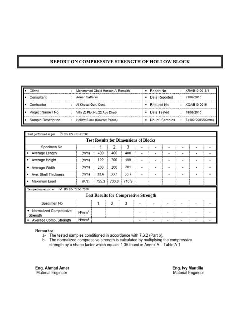 B-0016-1-Al Khayal Gen. Cont. (Hollow Block) (Comp. Strength) | PDF ...