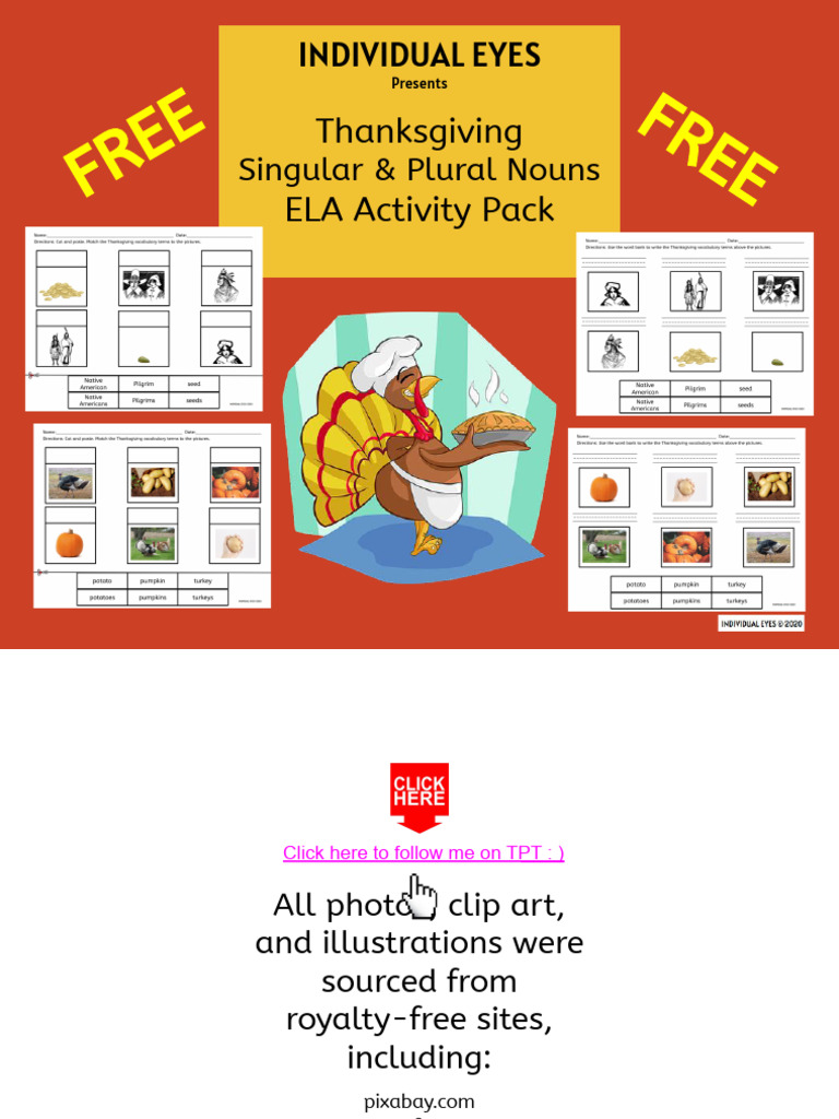 Free Free: Individual Eyes Thanksgiving ELA Activity Pack | PDF ...