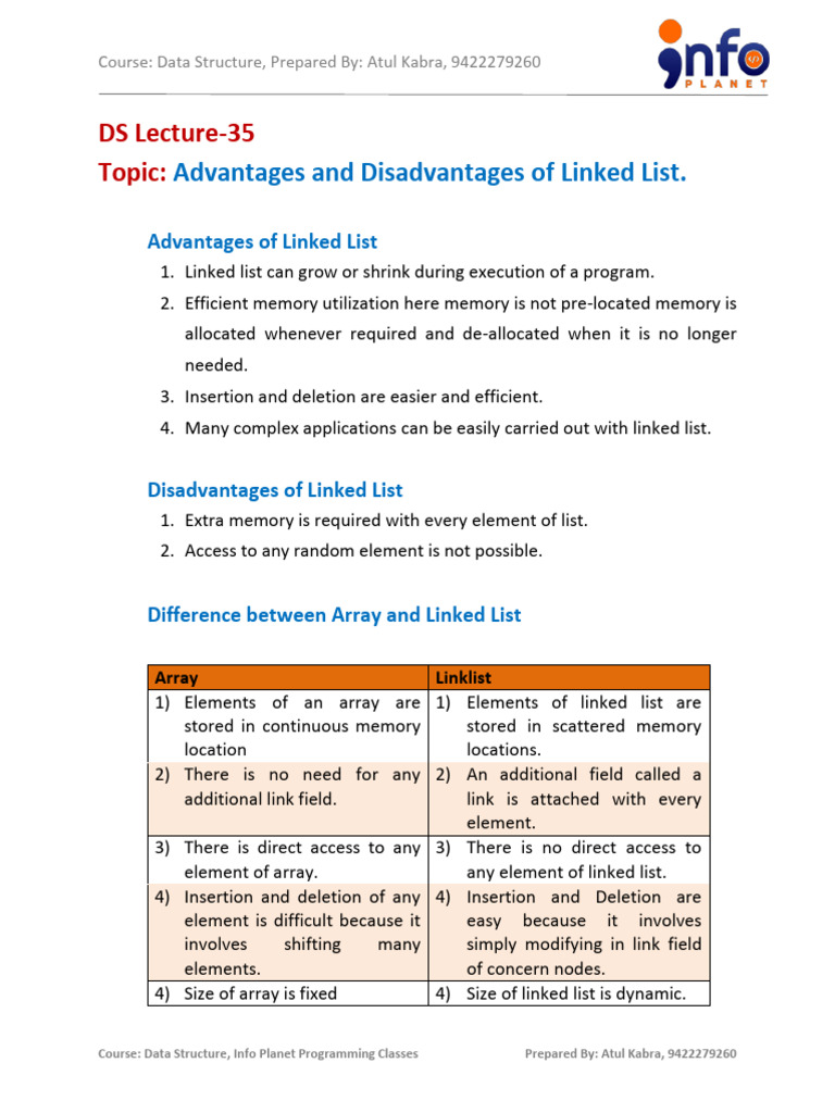 DS Lec-35 Advantages and Disadvantages of Linked List.15ff974 | PDF