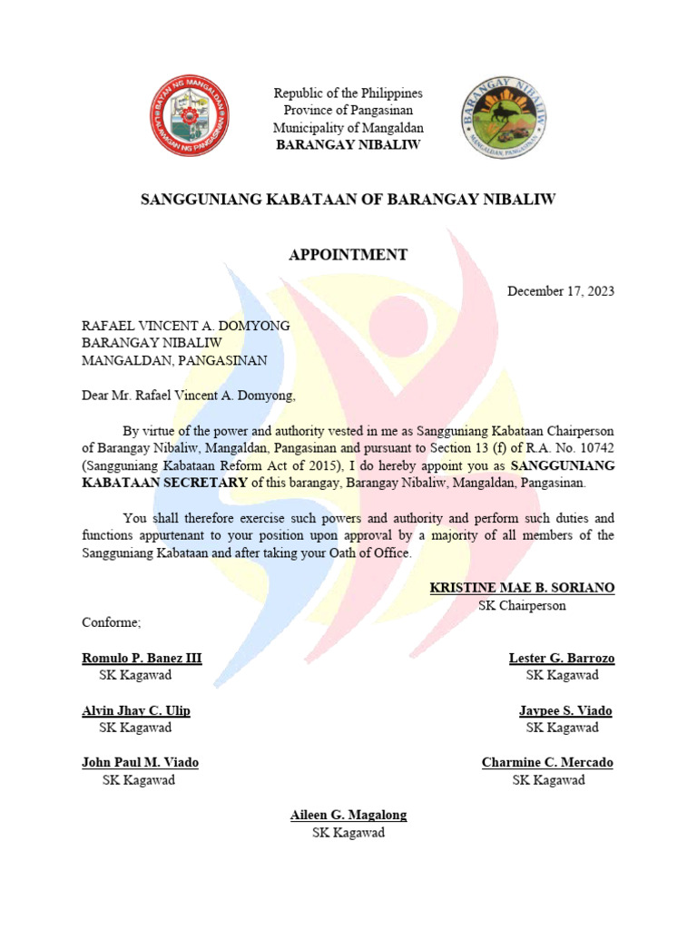 Appointment of SK Treasurer and Secretary Sample | PDF | Youth ...