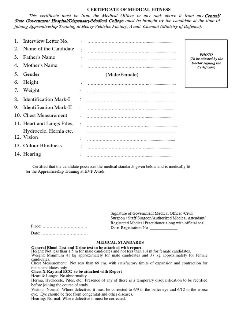 Medical Fitness Certificate for HVF Apprenticeship | PDF | Causes Of ...