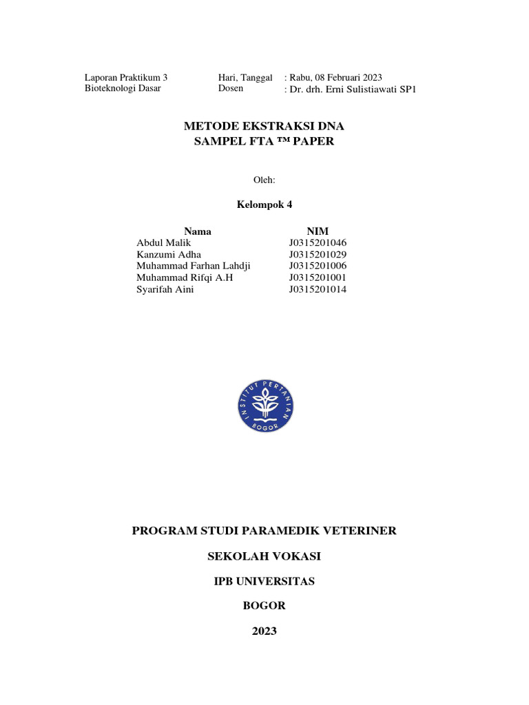P1 - Kelompok 4 - Metode Ekstraksi DNA Sampel FTA ™ PAPER | PDF
