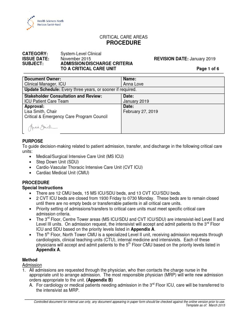 ICU Admission and Discharge Criteria | PDF | Intensive Care Medicine ...
