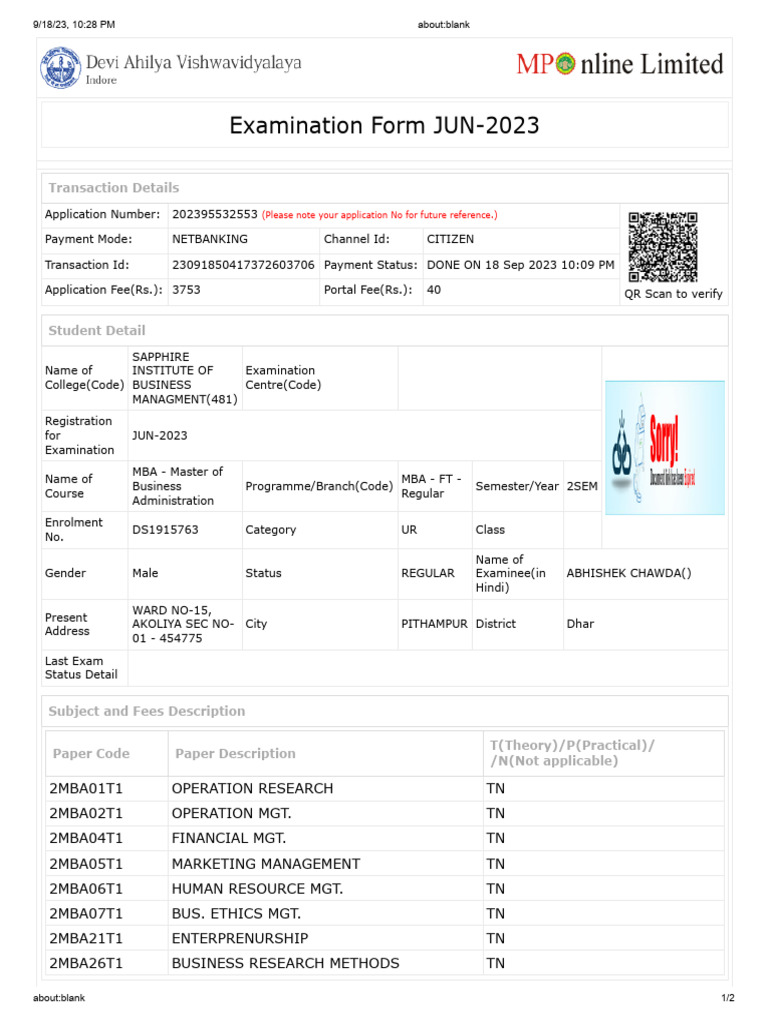 NET Examination Form 2023 for Abhishek Chawda | PDF