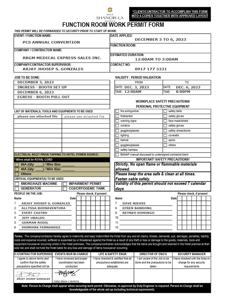 Work Permit (For Function Room) | Download Free PDF | Safety