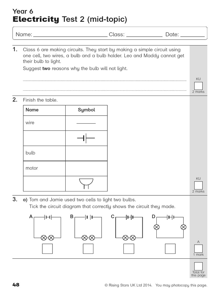Year 6 Electricity Test Overview | PDF