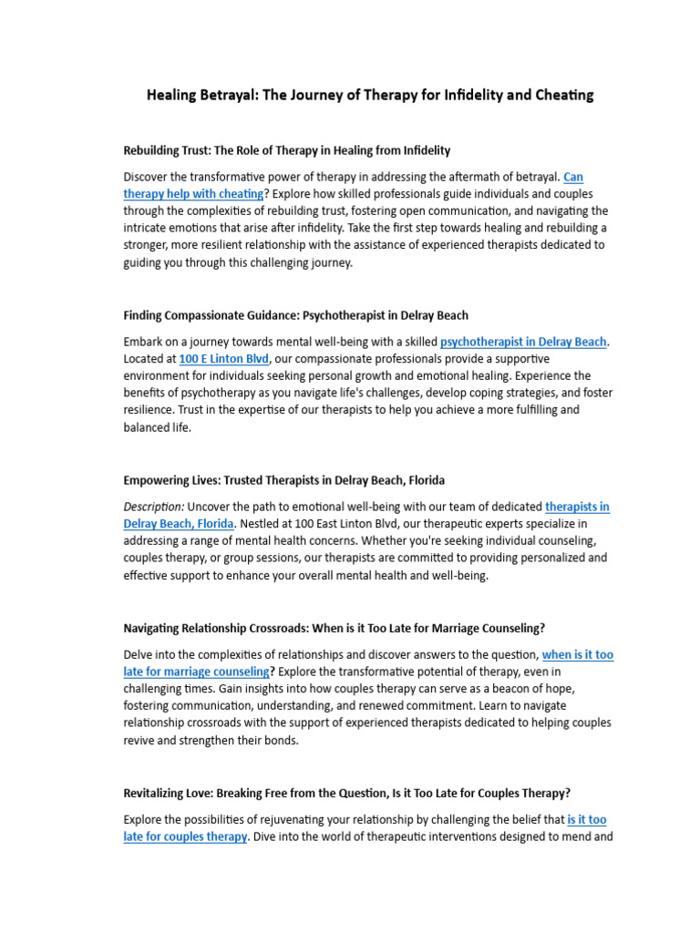 Healing Betrayal: The Journey of Therapy For Infidelity and Cheating | PDF | Psychotherapy ...