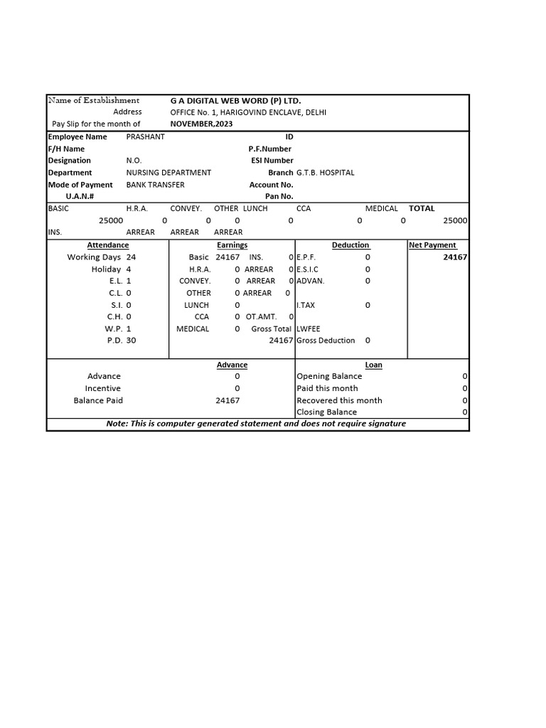 Prashant November Salary Slip | PDF